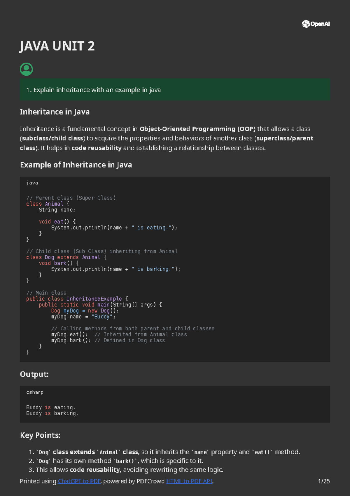 JAVA UNIT 2 - Inheritance, Method Overriding, and Polymorphism in Java - Studocu