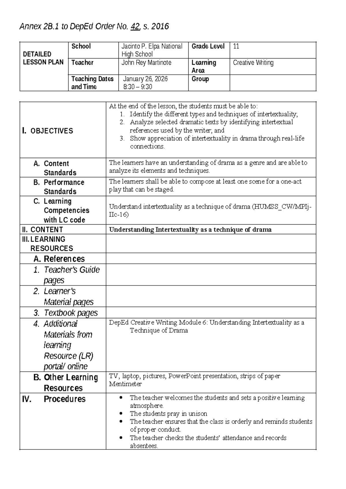 Detailed Lesson Plan on Intertextuality in Drama (BSeD Eng 4) - Studocu
