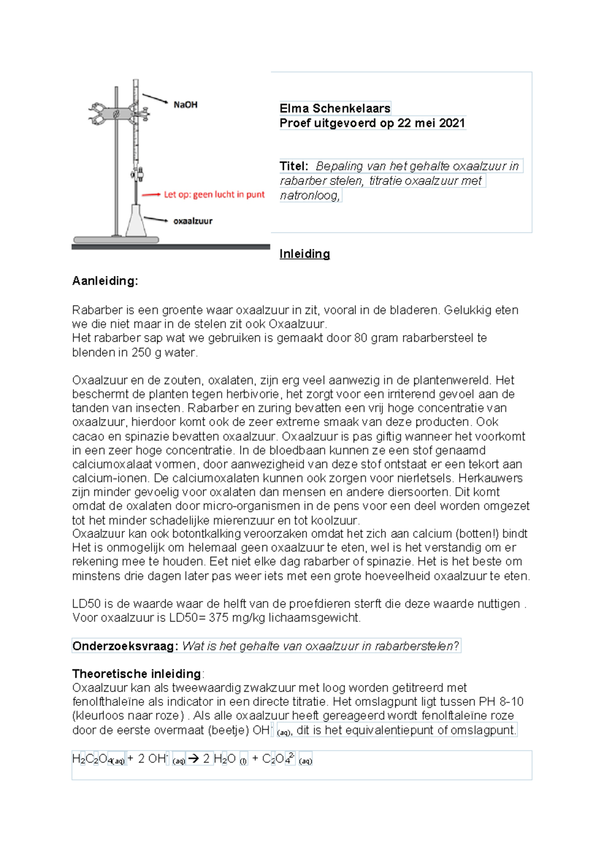 Bepaling van Oxaalzuur in Rabarberstelen: Titratie Verslag (Chemie ...