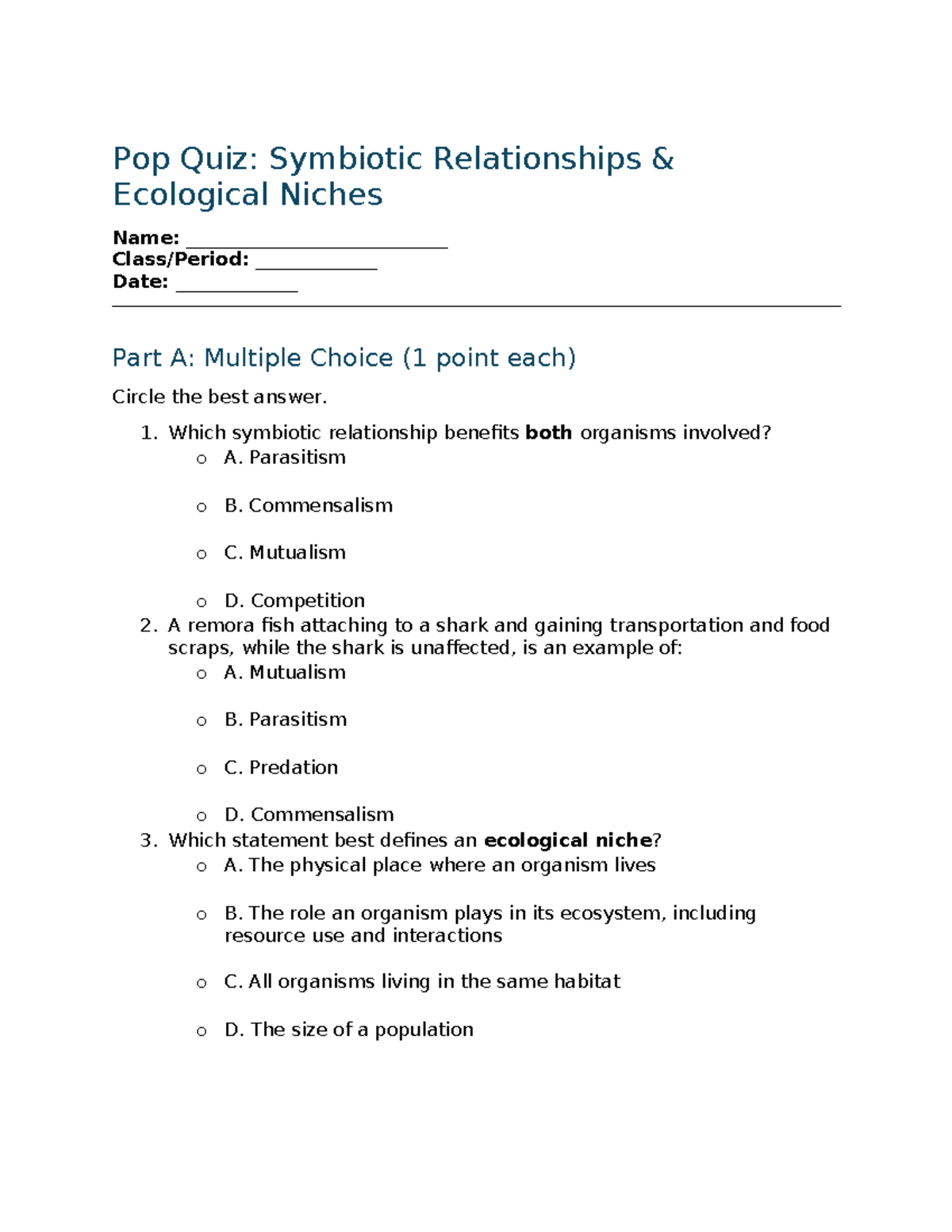 Ecology Pop Quiz: Symbiotic Relationships & Ecological Niches - Studocu