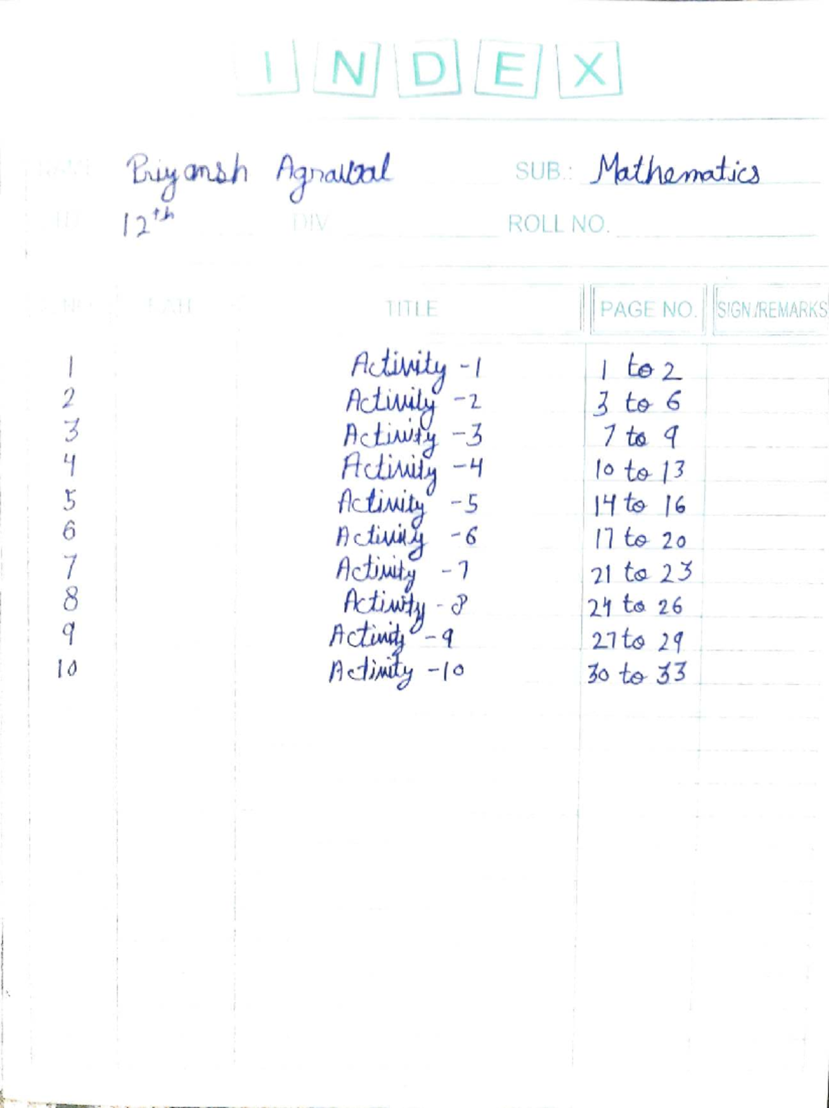 Mathematics Activities Index for 12th Grade - Priyansh Agravial - Studocu