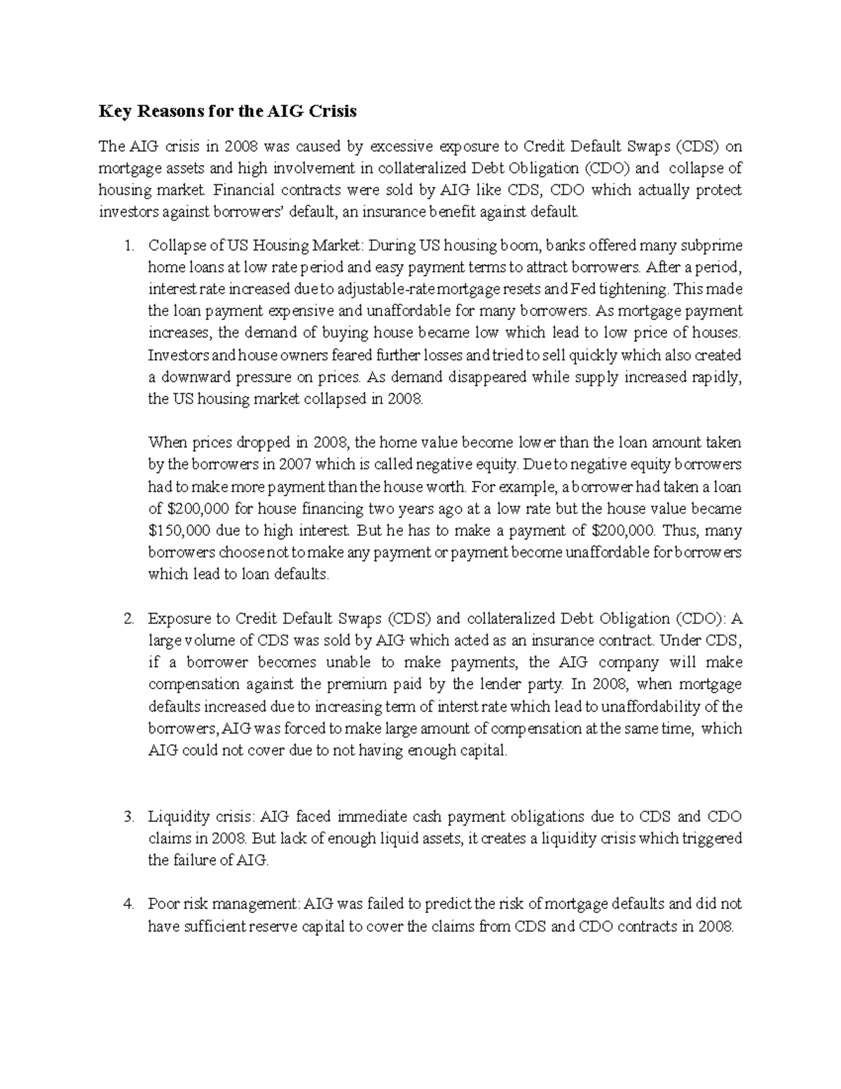 Key Reasons for the AIG Crisis: Analyzing 2008 Financial Collapse - Studocu
