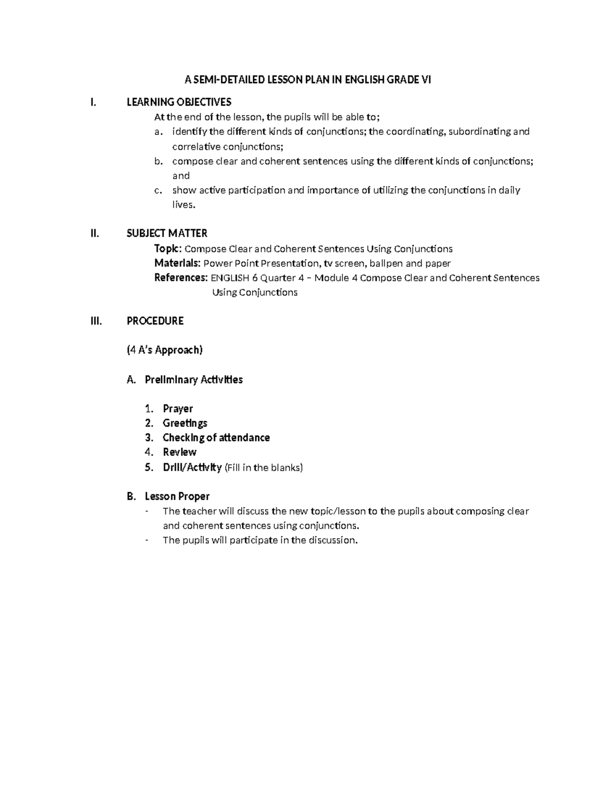 A Semi-Detailed Lesson Plan for English 6: Conjunctions Focus - Studocu