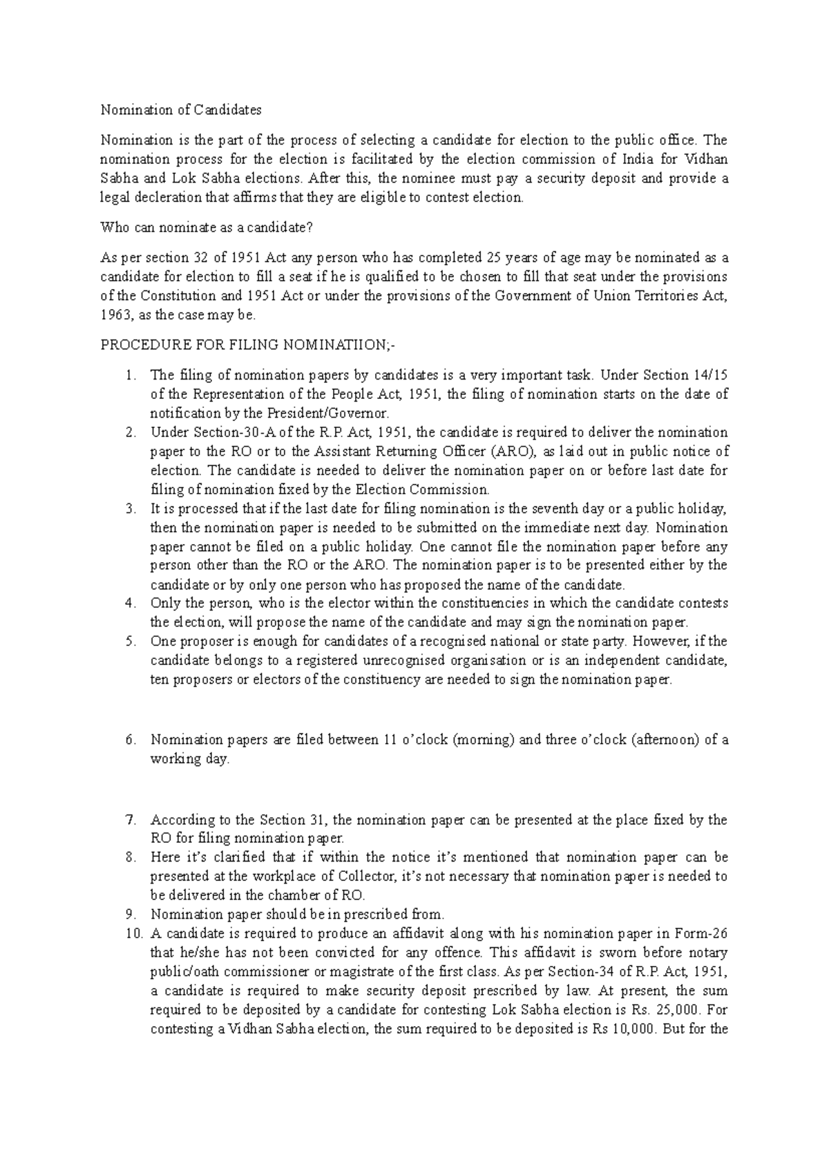 Nomination Process and Grounds for Candidates in Elections - Studocu