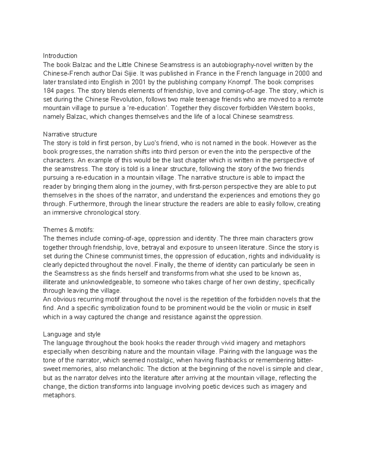 Balzac and the Little Chinese Seamstress: Book Report Analysis - Studocu