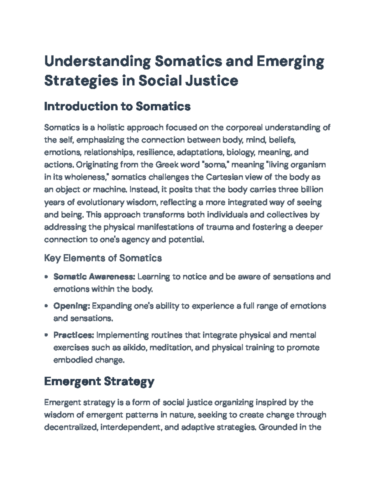 Understanding Somatics & Emergent Strategies for Social Justice - Studocu