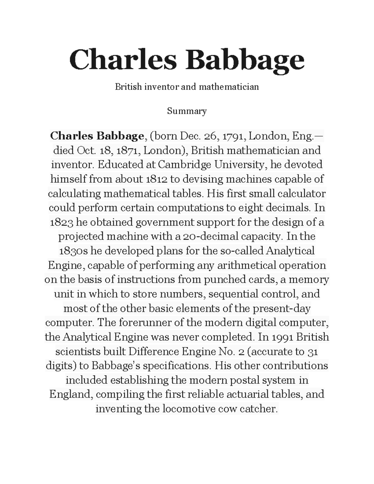 Charles Babbage - Charles Babbage British inventor and mathematician ...