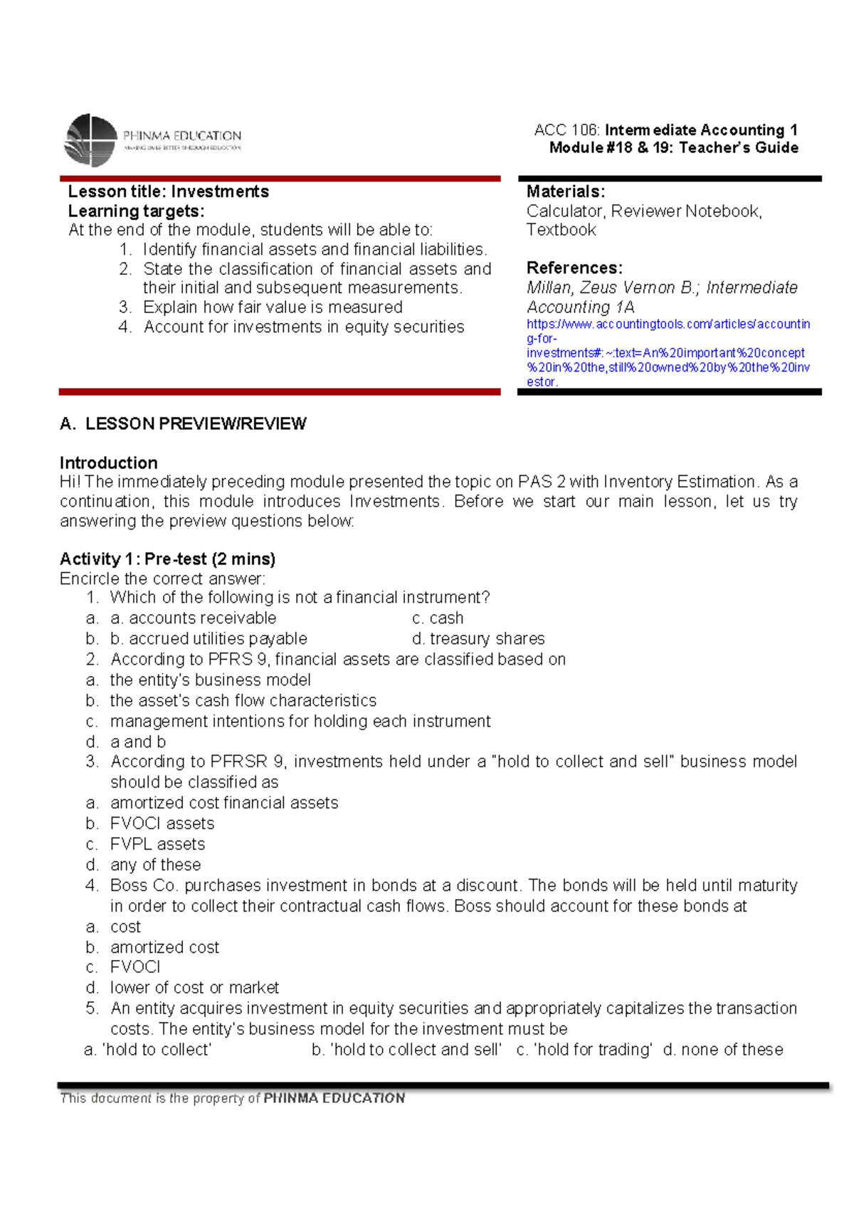 ACC 106: Intermediate Accounting 1 Module 19 - Investments Guide - Studocu