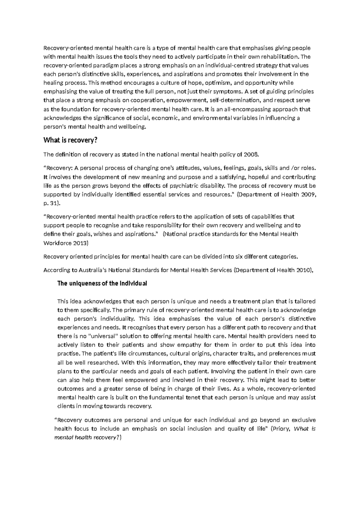 Assessment 3: Principles of Recovery-Oriented Mental Health Care - Studocu