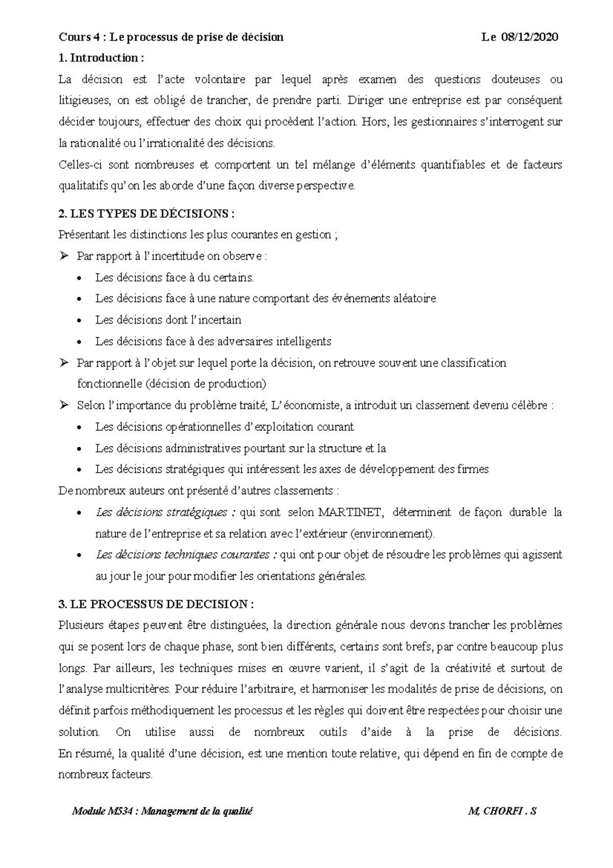Cours 4 : Le Processus de Prise de Décision en Management M534 - Studocu