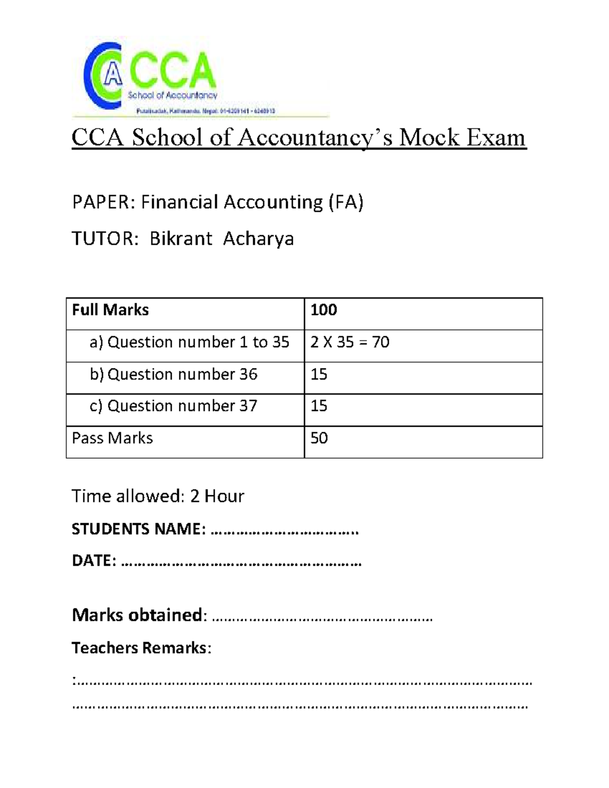 CCA Mock Exam Paper: Financial Accounting (FA) - 25 MCQs - Studocu