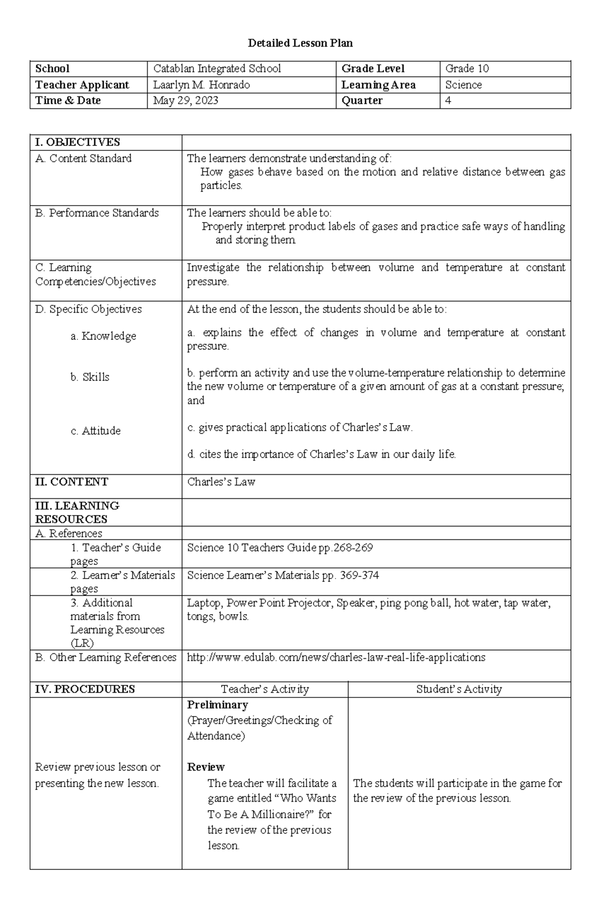 DLP Final Lesson Plan on Charles's Law - Science 10 - Studocu