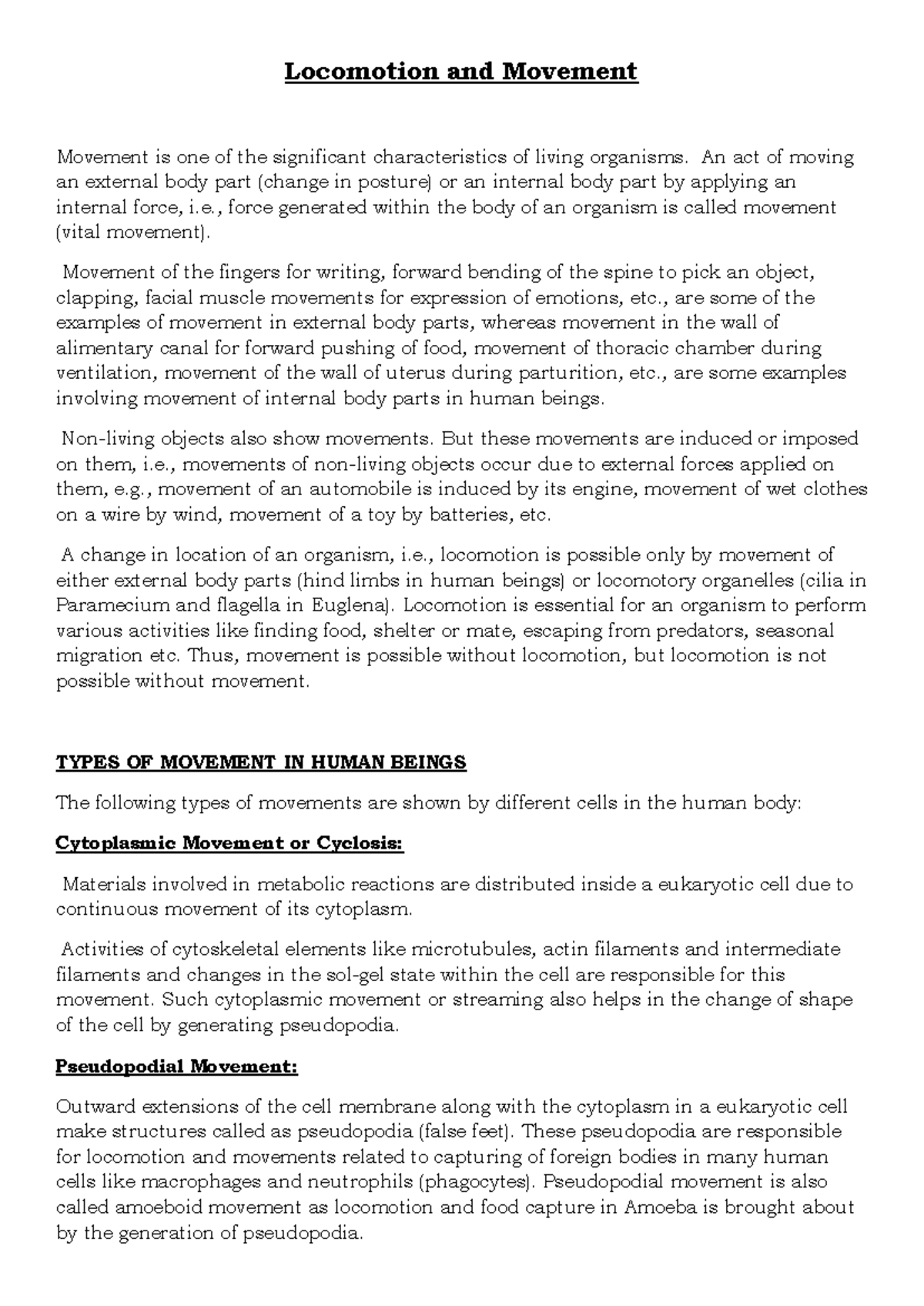 Locomotion & Movement in Human Anatomy - BIO 101 Notes - Studocu