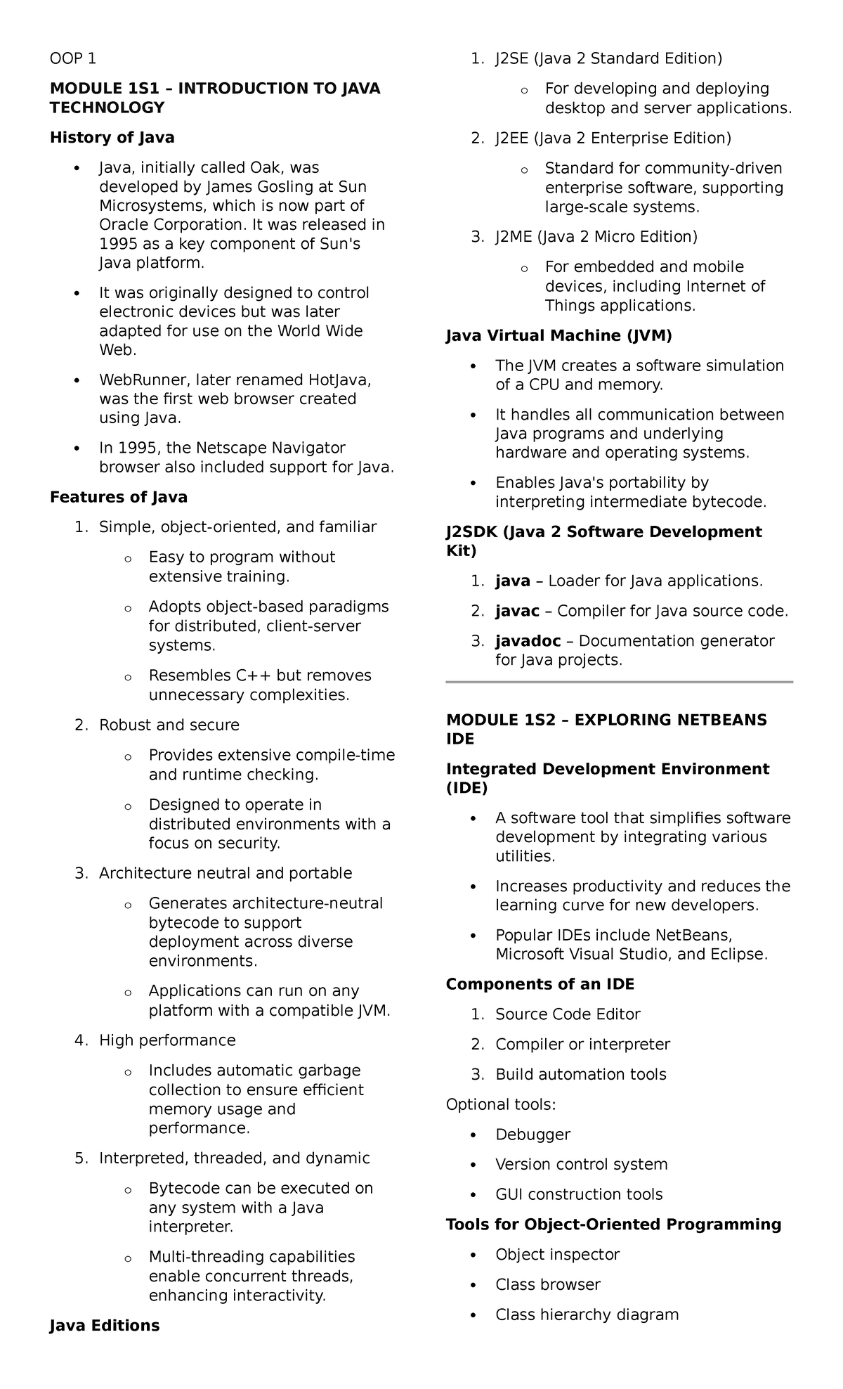 OOP 1 Final Exam Review: Introduction to Java and Key Concepts - Studocu