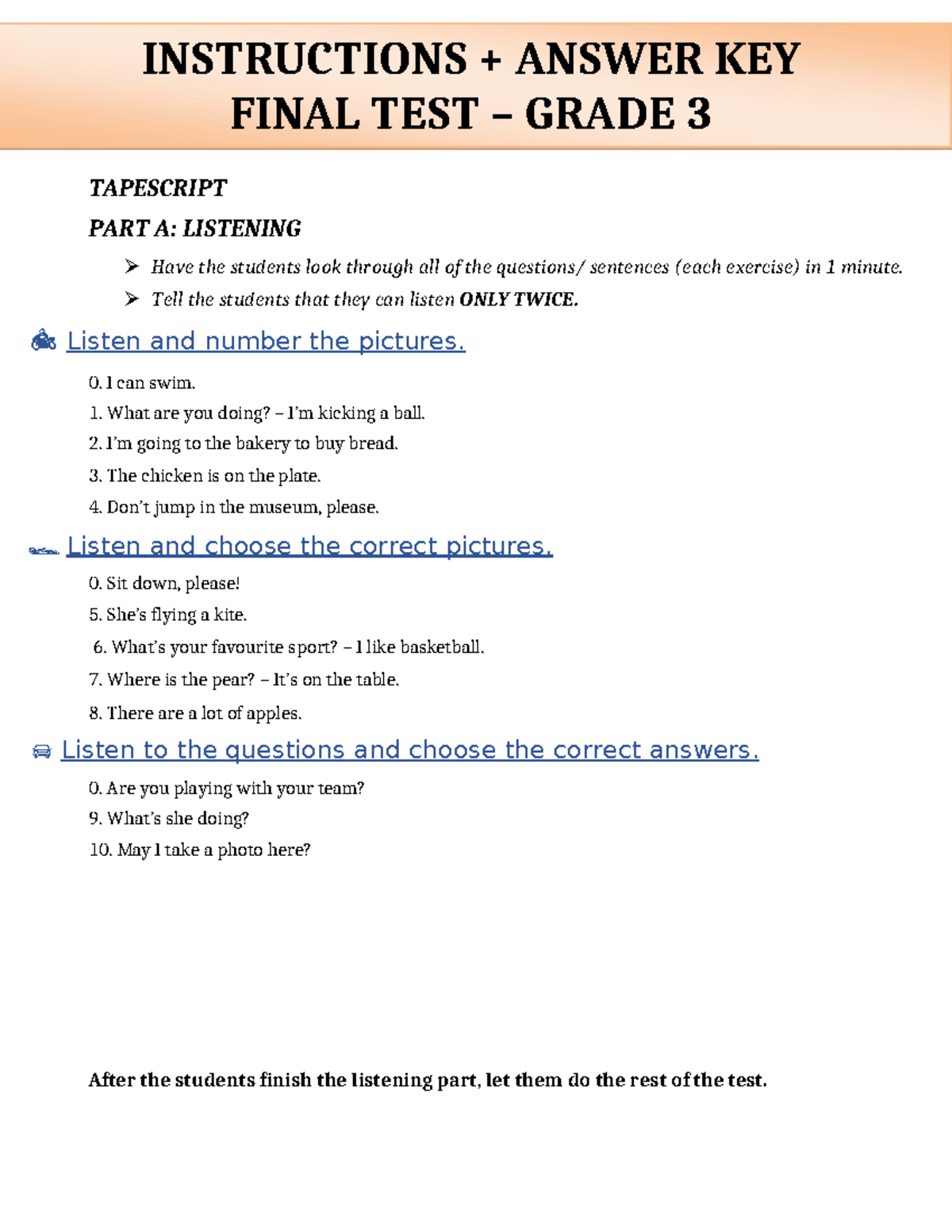 Grade 3 Listening Final Test Instructions & Answer Key (LOP 3) - Studocu