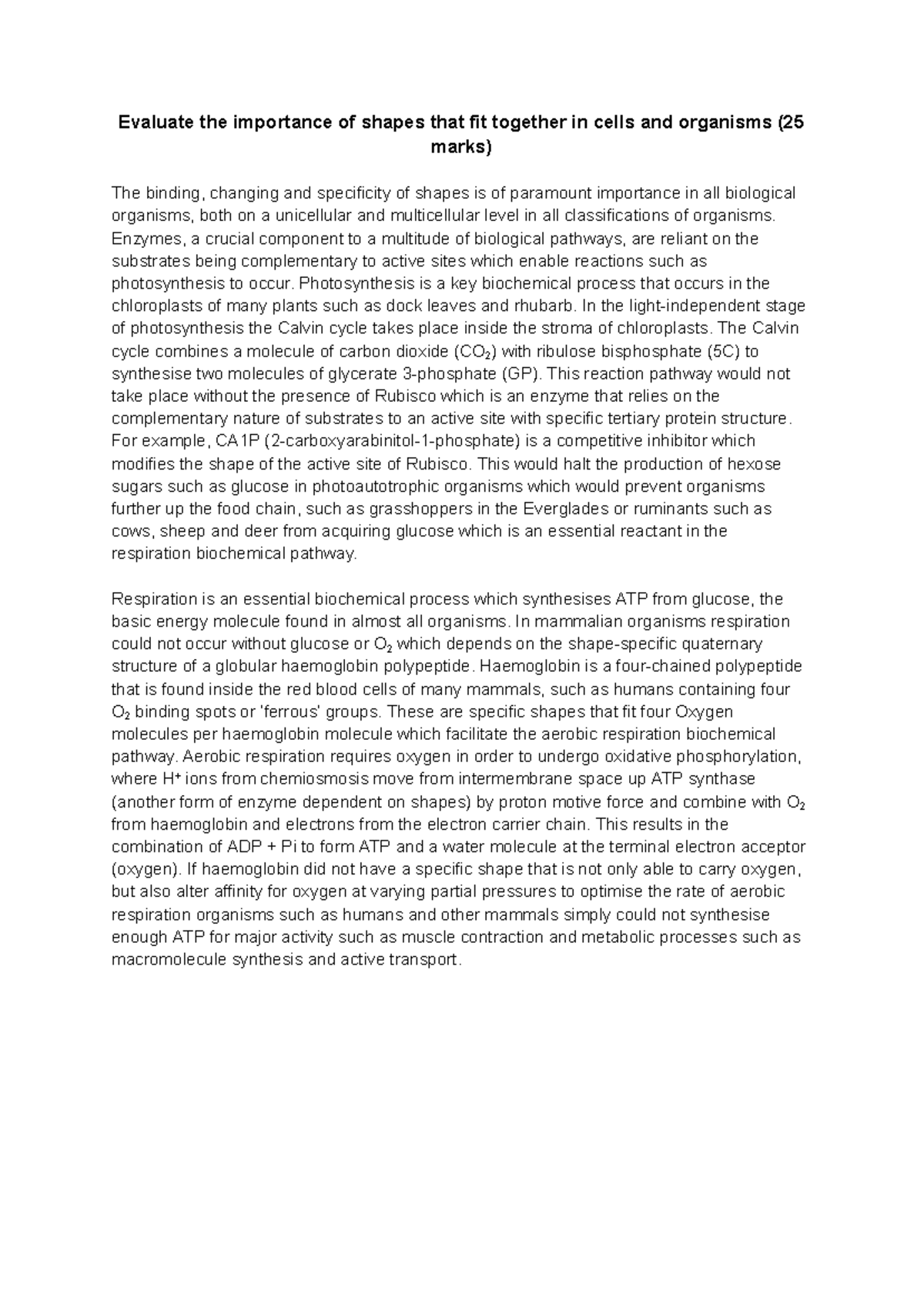 25 Mark Essay: The Role of Shapes in Biological Functions - Studocu