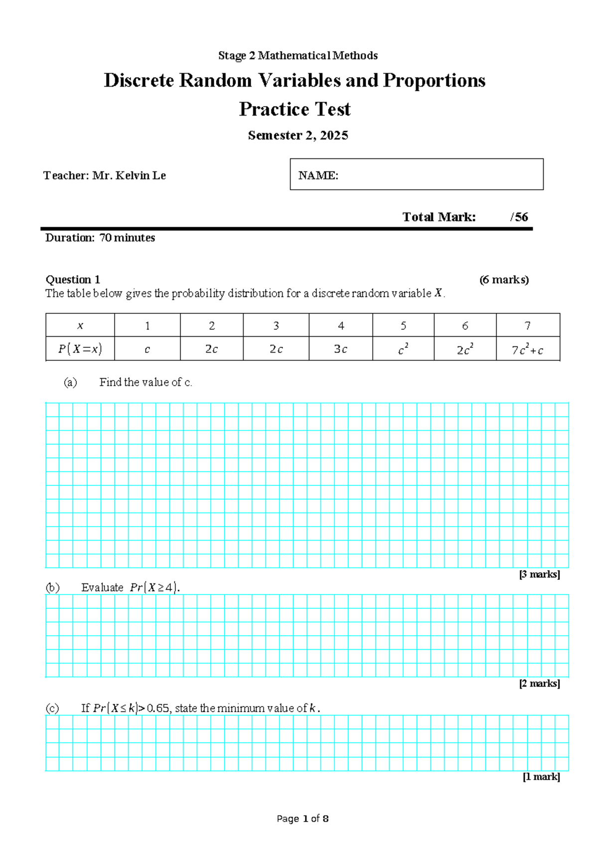 2MHS20 - Practice Test on Discrete Random Variables and Proportions ...
