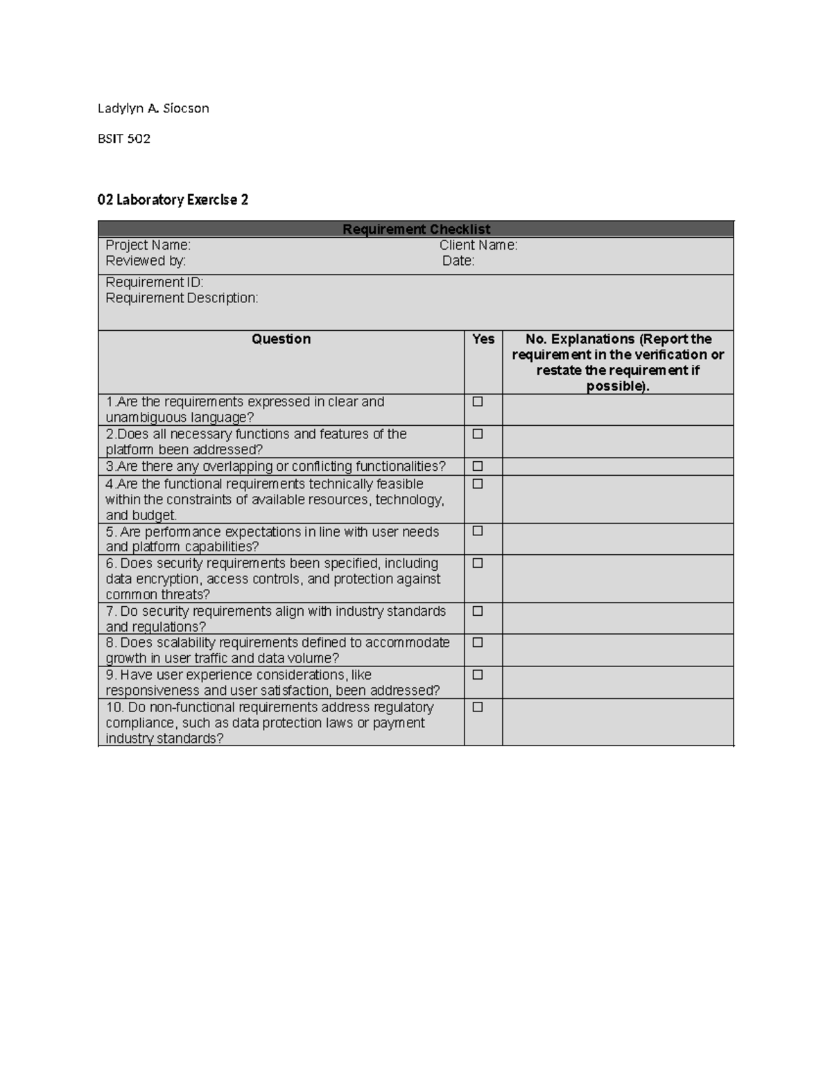BSIT 502 Lab Exercise 2 - Client Project Requirements Checklist - Studocu