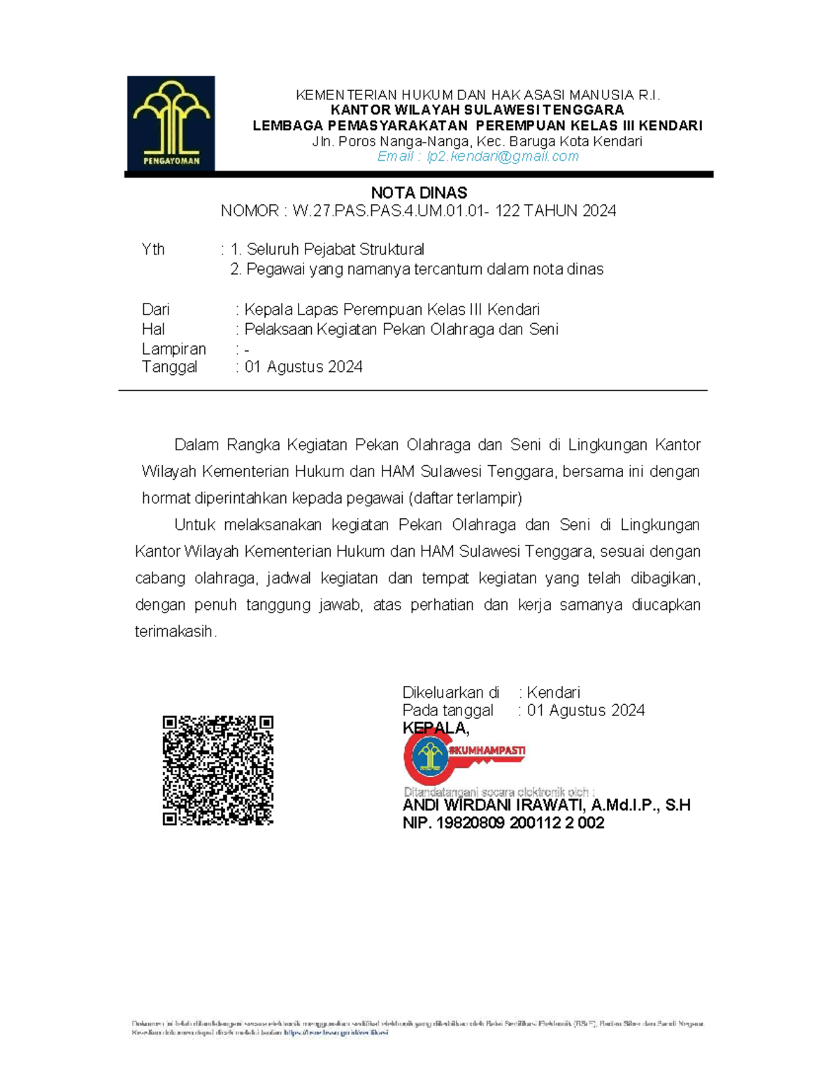 NOTA Dinas Pekan Olahraga dan Seni Kementerian Hukum 01 Agustus 2024 ...