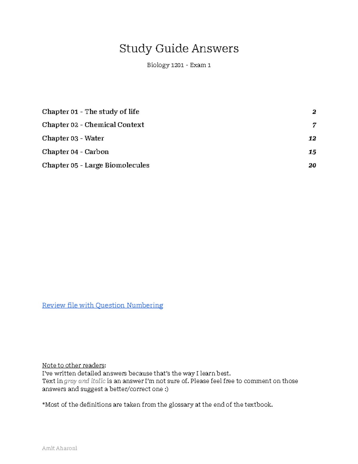 Biol1201 - Exam 1 - Study Guide Answers - Study Guide Answers Biology 1201 - Exam 1 Chapter 01 ...