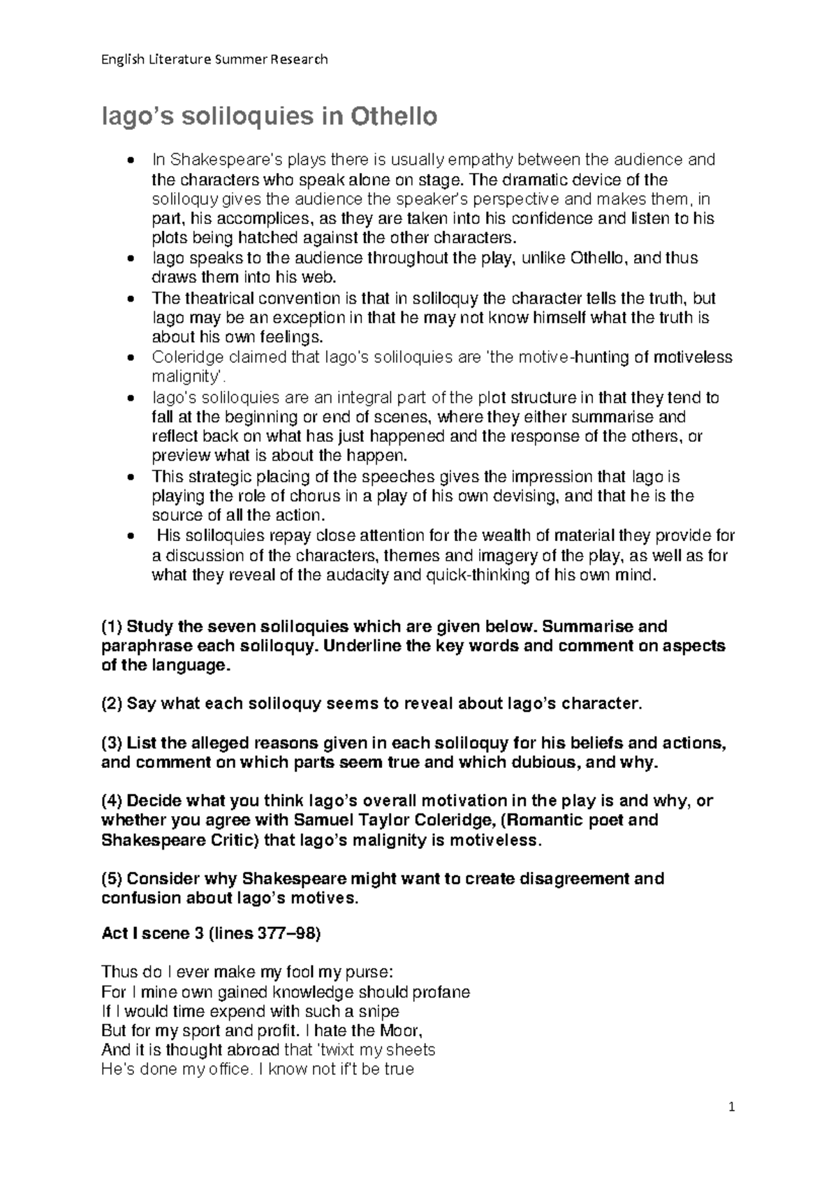 Iago's Soliloquies Analysis - Othello ENG Paper 2 HL - Studocu