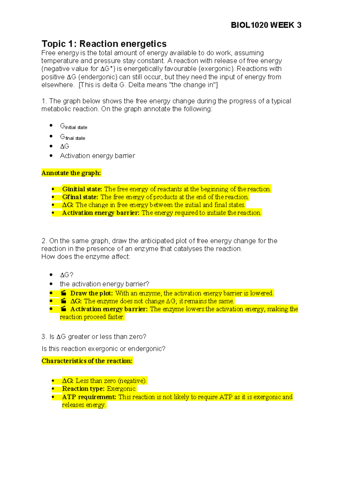 2024-BIOL1020 week3-tutorial-1 - Topic 1: Reaction energetics Free ...