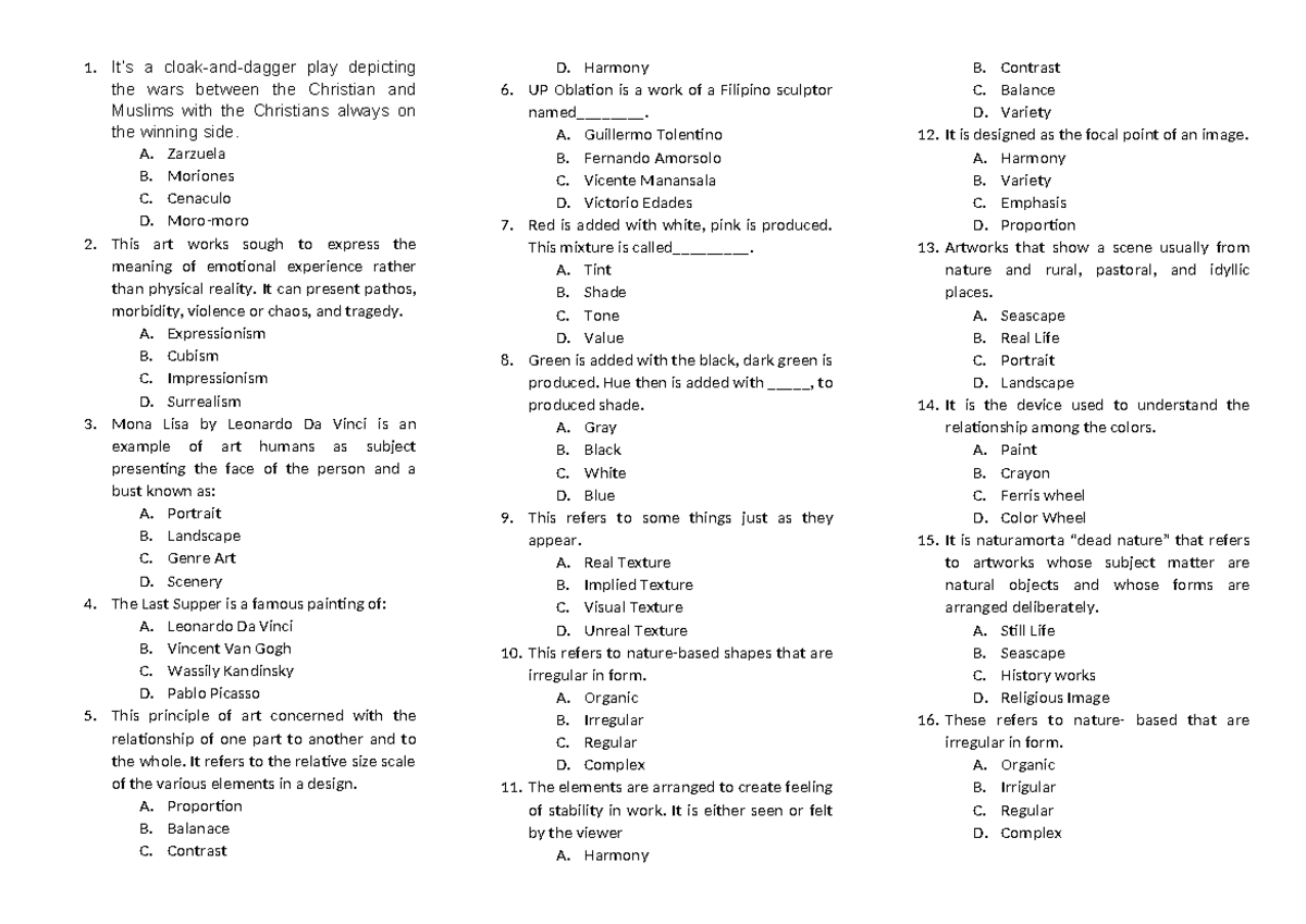 ARTS- Drill: Exploring Key Concepts in Visual Arts and Techniques - Studocu