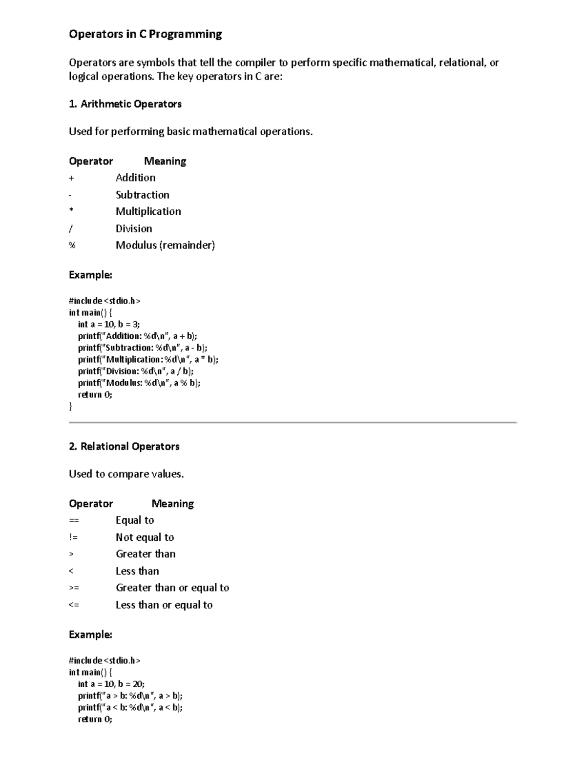 C Programming Operators and Control Structures Overview - Studocu