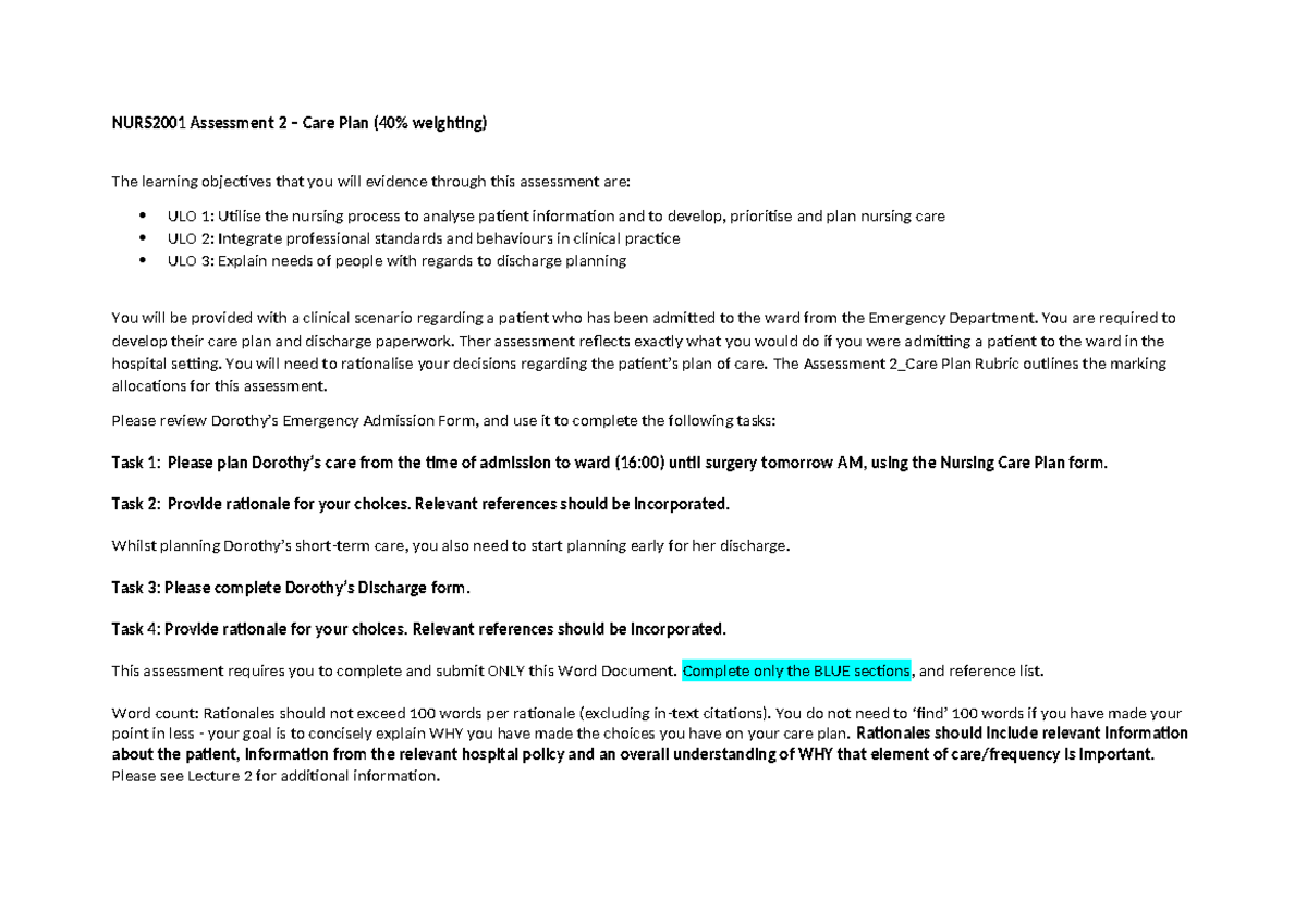 NURS2001 Assessment 2 – Comprehensive Care Plan for Patient Admission ...