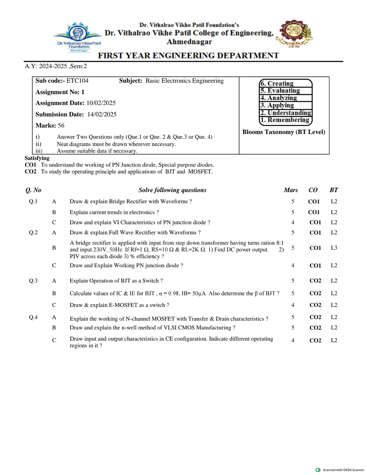 BEE Sem 2 Assignment 1: Basic Electronics Engineering Questions - Studocu