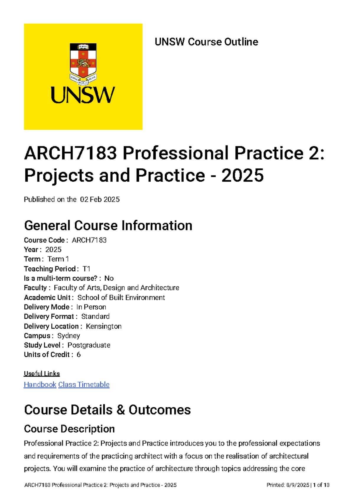 ARCH7183 Professional Practice 2: Projects & Practice Course Outline ...