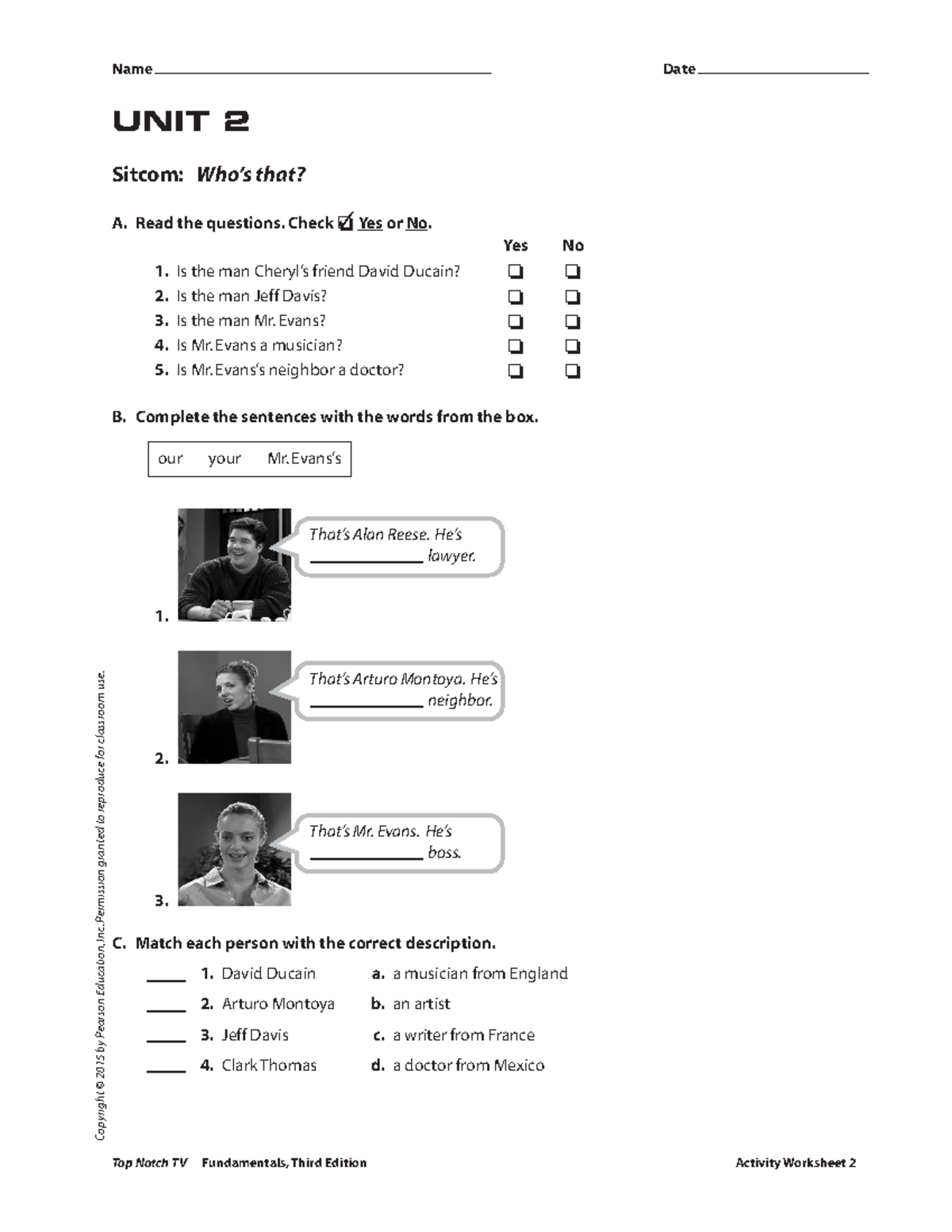 UNIT 02 Video Worksheets - UNIT 2 Sitcom: Who’s that? A. Read the ...
