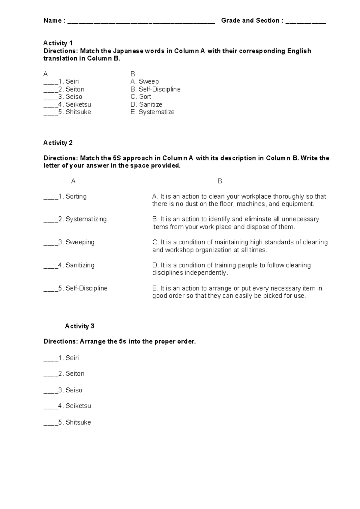 5S Methodology: Notes and Activities on Sort, Set, Shine, Standardize ...