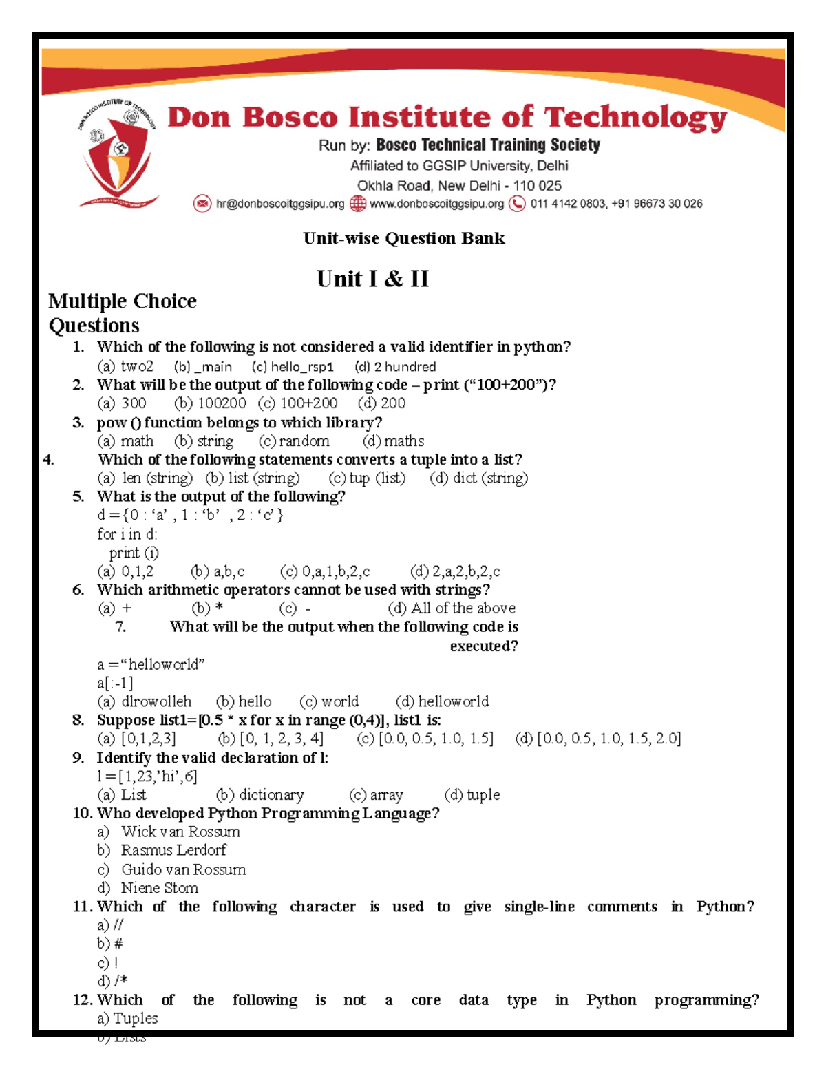Python QB - Important MCQs & Long Type Questions for Unit I & II - Studocu