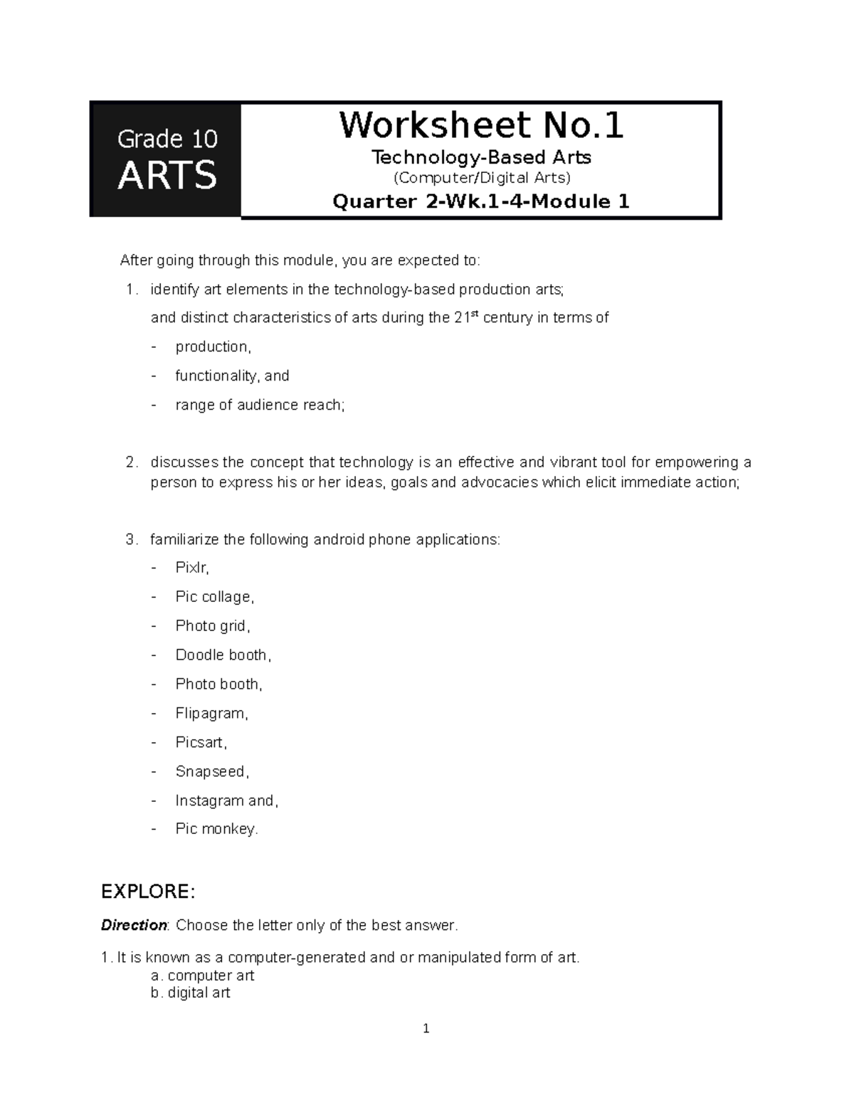 Q2 Wk1 Arts Worksheet: Exploring Tech-Based Art Forms in ARTS10 - Studocu
