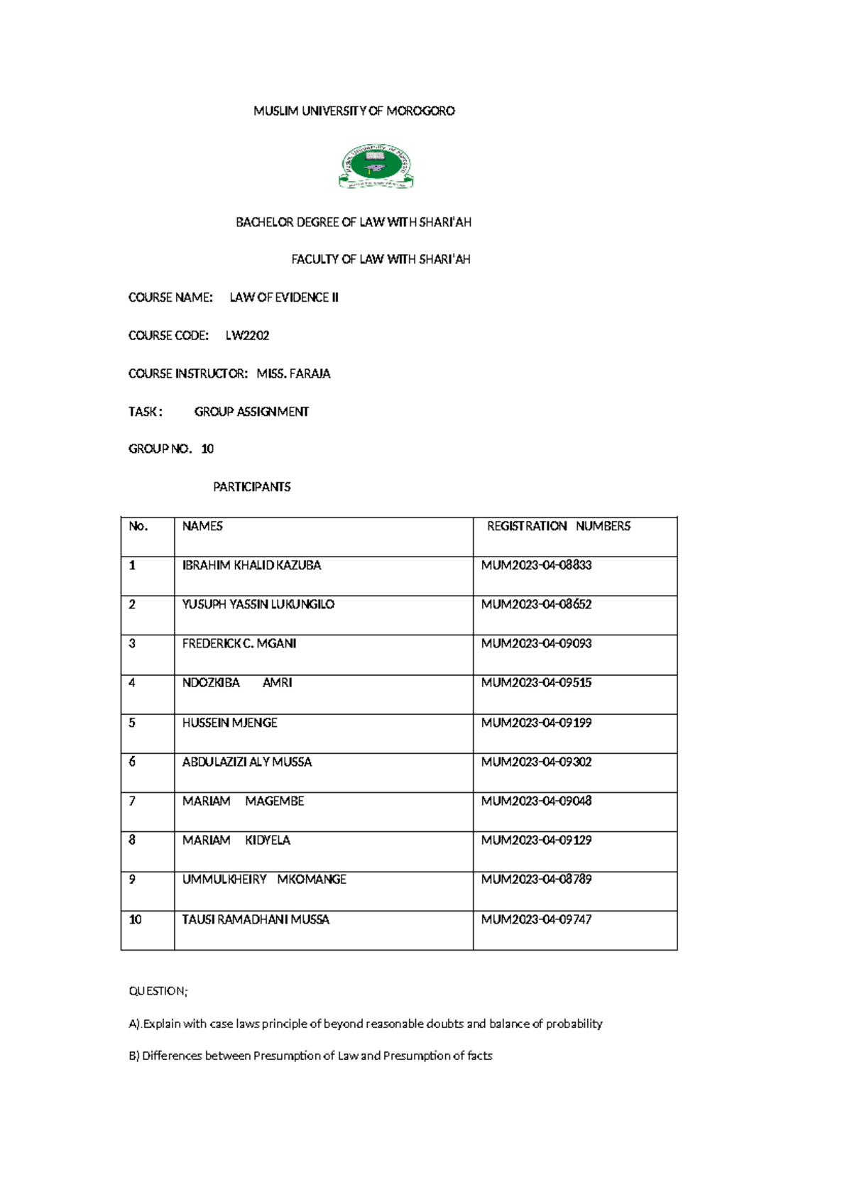 LW2202 Group Assignment: Beyond Reasonable Doubt vs. Balance of ...