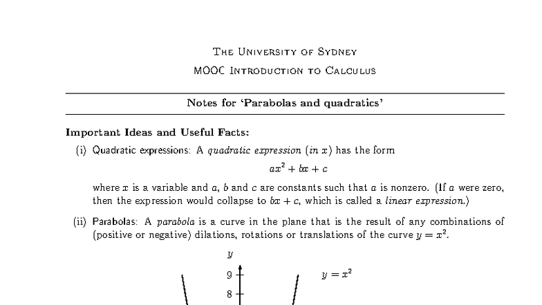 The University of Sydney MATH1010 Final Exam Notes: Parabolas ...