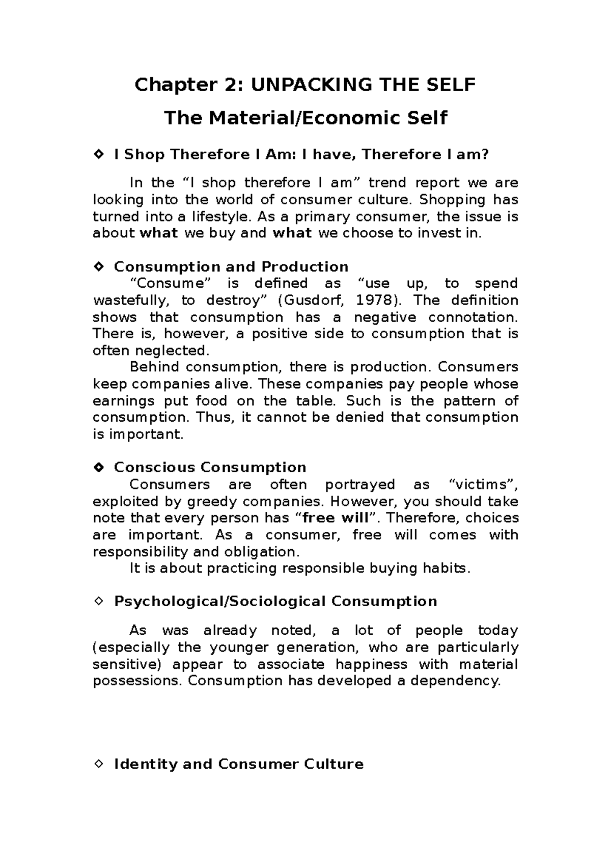 Chapter 2 The Material Economic Self - Chapter 2: UNPACKING THE SELF ...