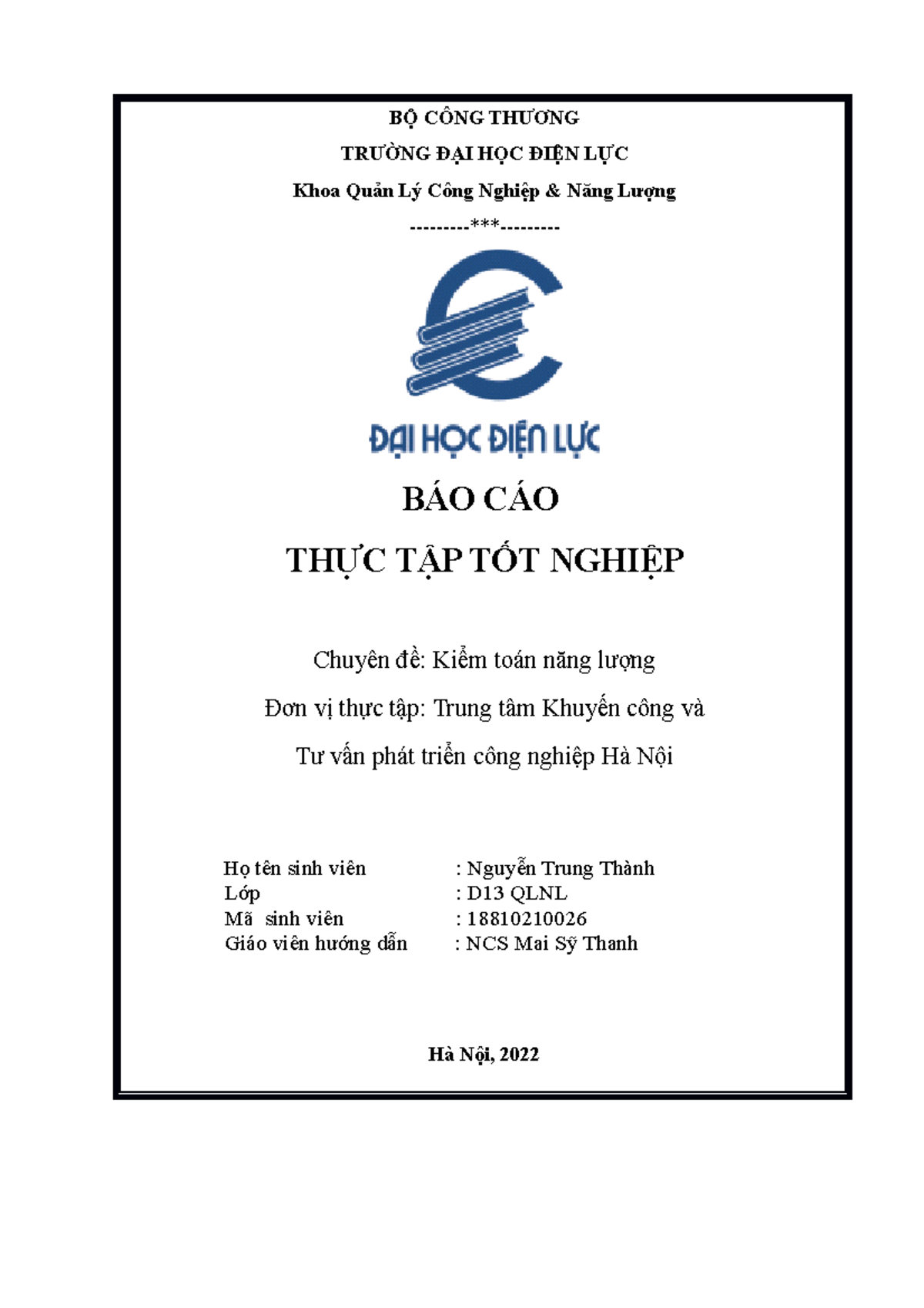 Báo Cáo TTQL Thành - vvvvvvvvv - BỘ CÔNG THƯƠNG TRƯỜNG ĐẠI HỌC ĐIỆN LỰC ...