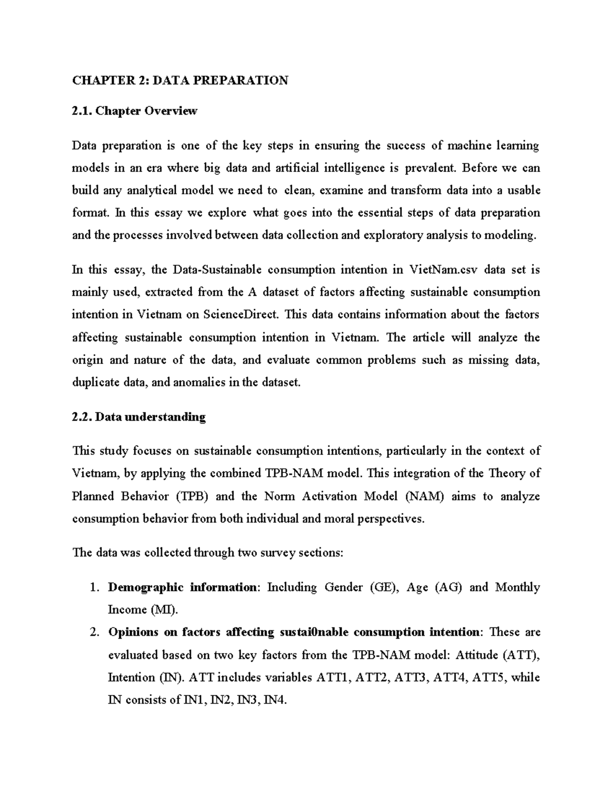 CHAPTER 2: DATA PREPARATION AND ANALYSIS OF SUSTAINABLE CONSUMPTION - Studocu