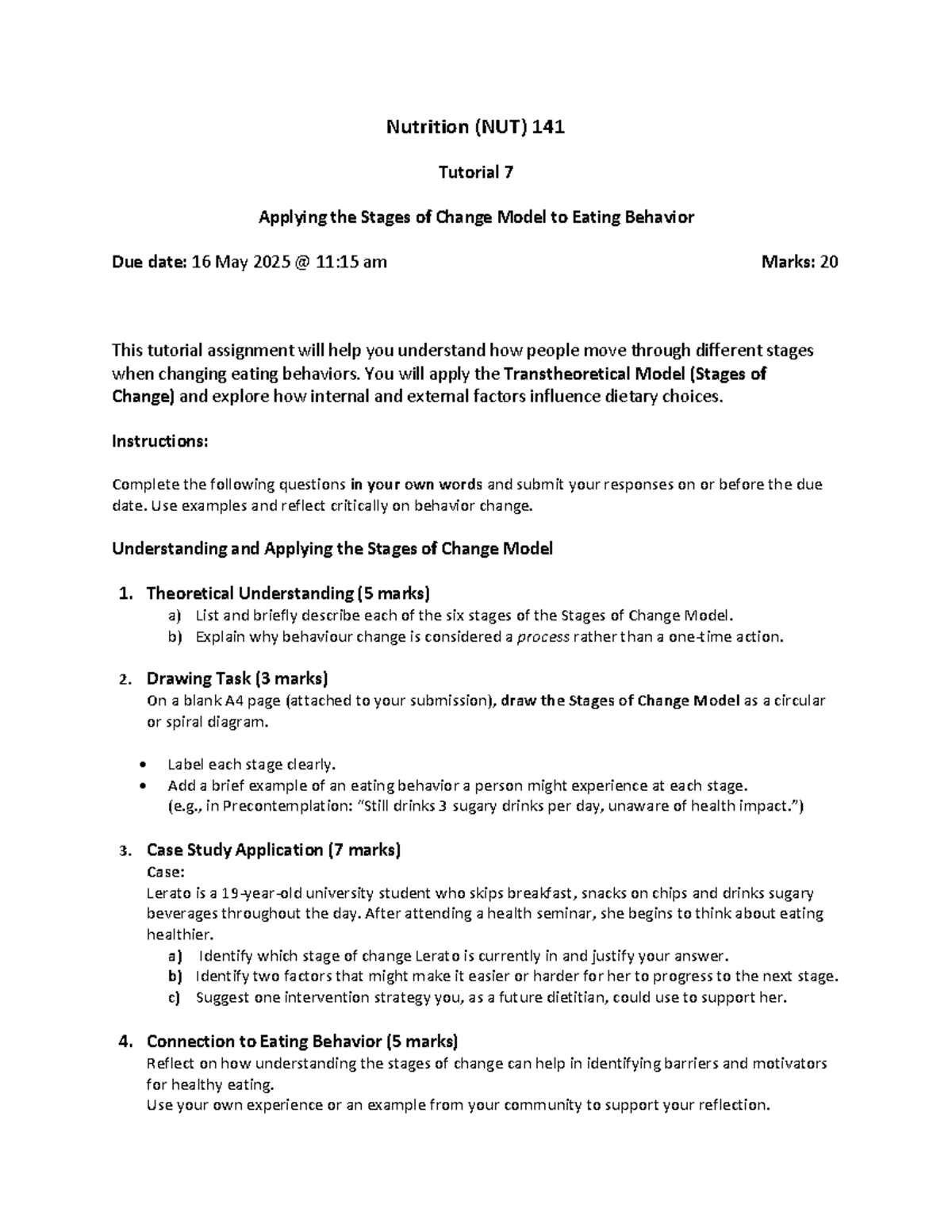 Nutrition (NUT) 141 Tutorial 7: Stages of Change in Eating Behavior ...