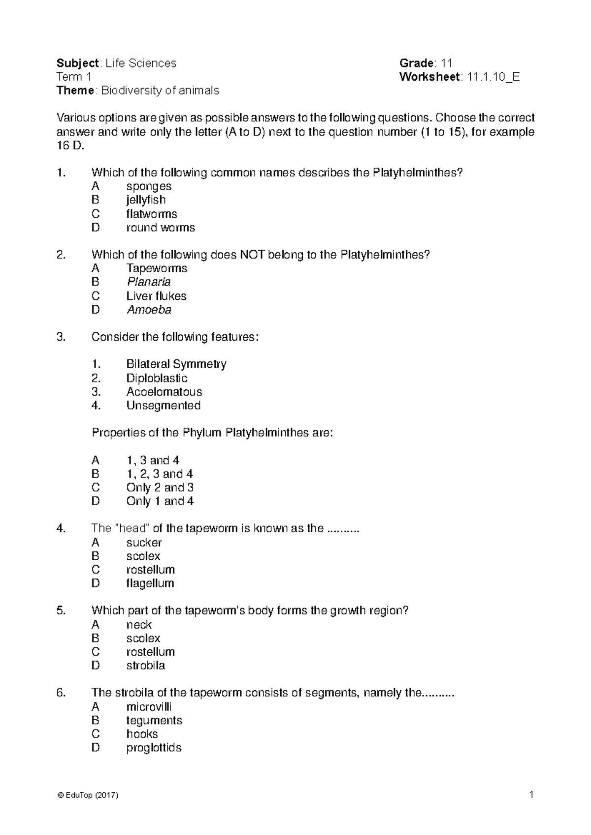 Grade 11 Life Science Term 1 Worksheet on Microorganisms & Animals ...