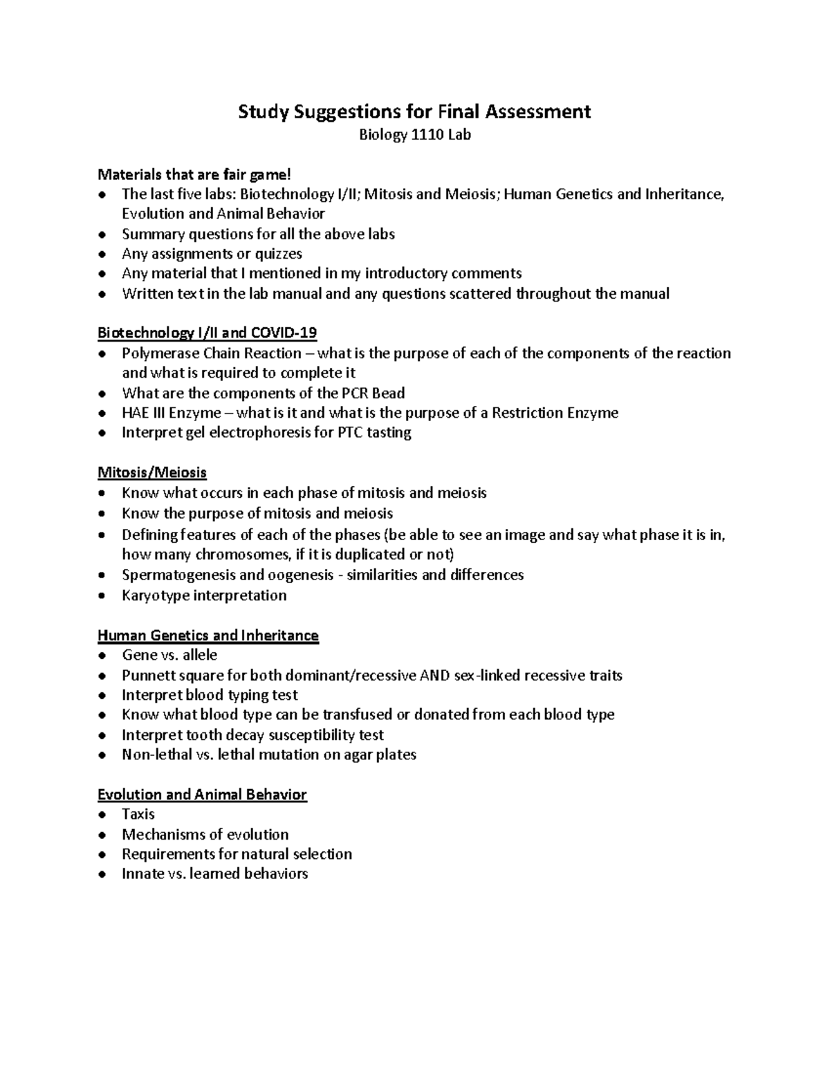 Study Suggestions for Biology 1110 Lab Final Assessment - Study ...