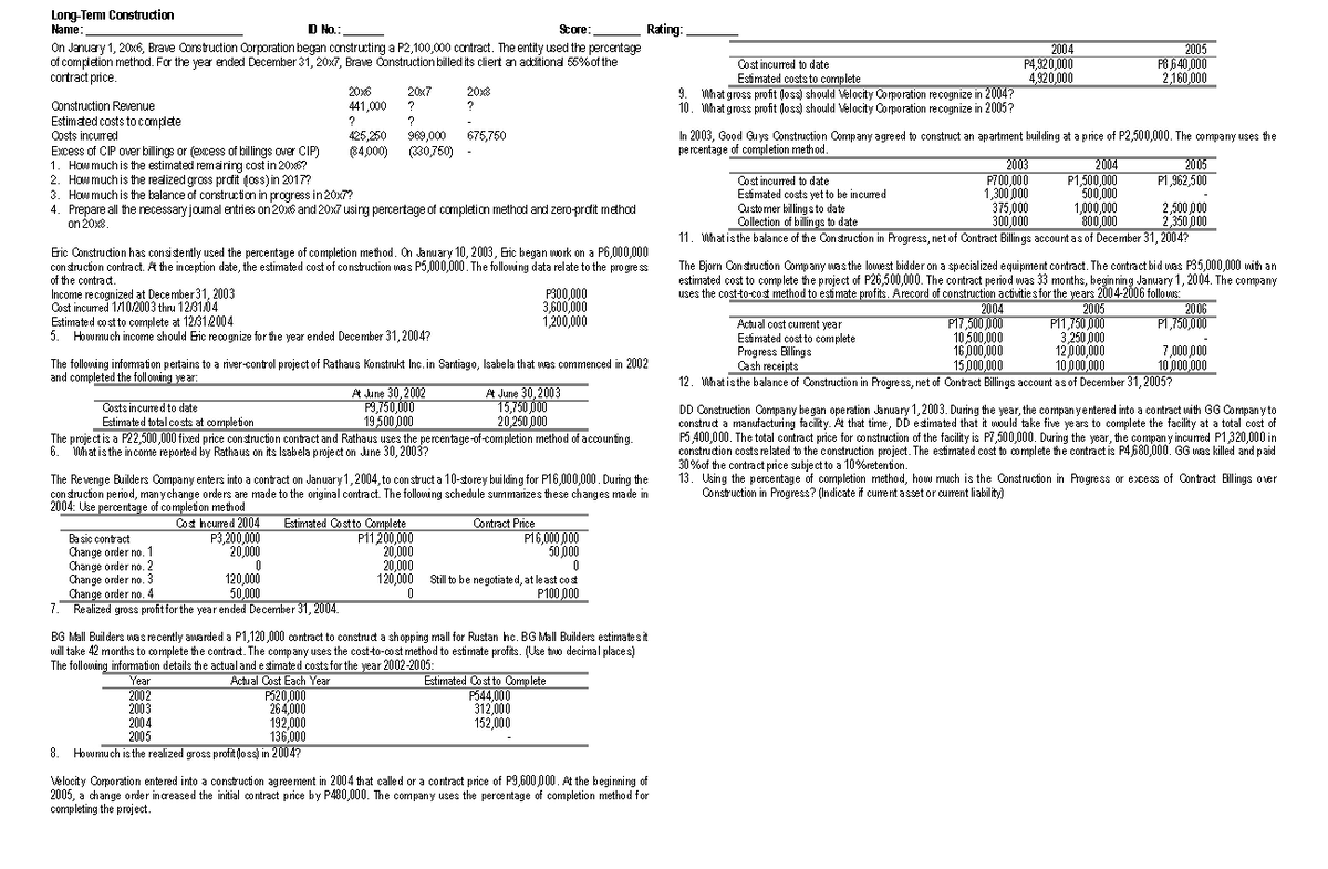 Construction Contracts Accounting: Special Transactions Analysis - Studocu