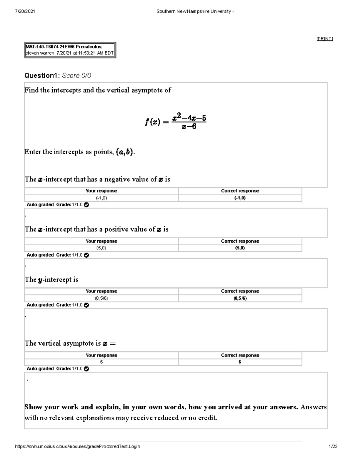 Southern New Hampshire University MAT-140-T6674 Precalculus Exam 1 ...