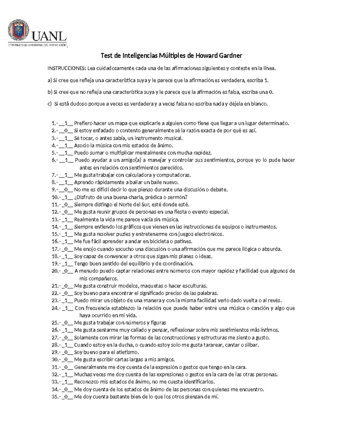 Test De Inteligencias Múltiples De Howard Gardner Instrucciones Studocu