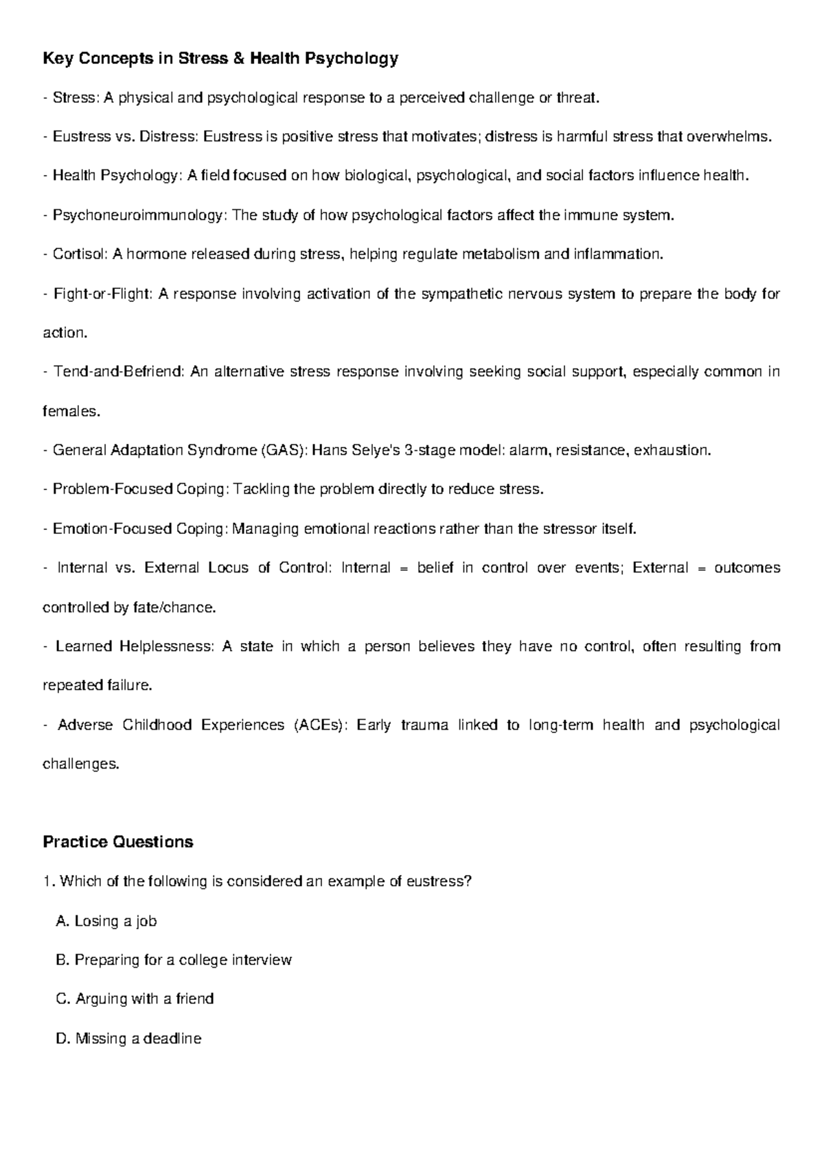 Stress and Health Psychology Review Packet: Key Concepts Explained ...