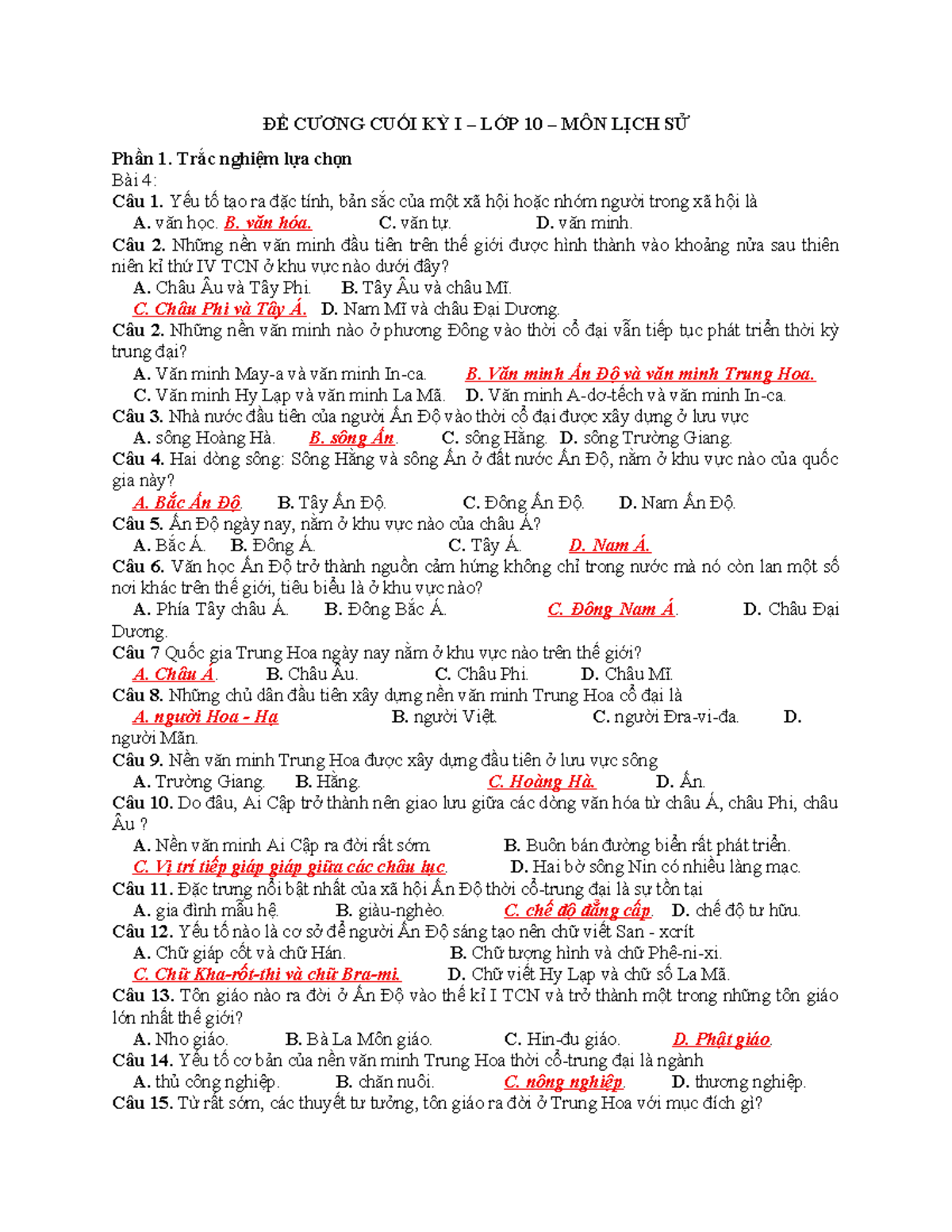 ĐỀ CƯƠNG CUỐI KỲ I LỚP 10 MÔN LỊCH SỬ - Phần Trắc Nghiệm - Studocu