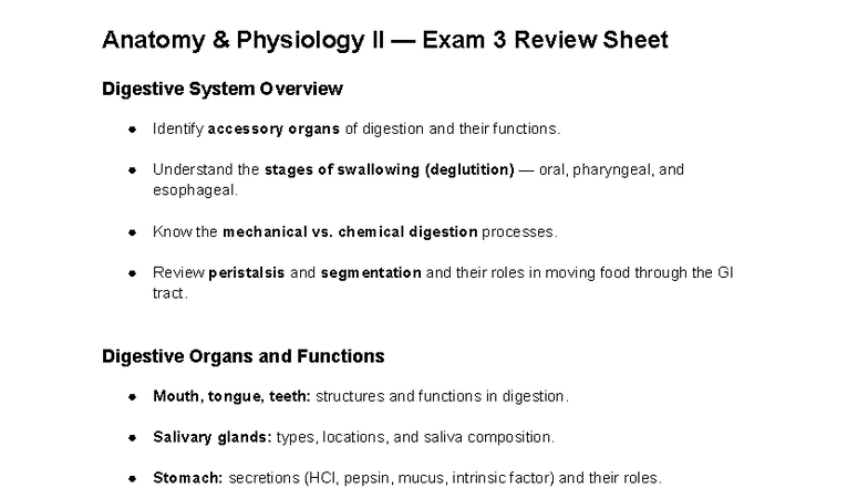 Anatomy & Physiology II — Exam 3 Review: Digestive & Urinary Systems ...