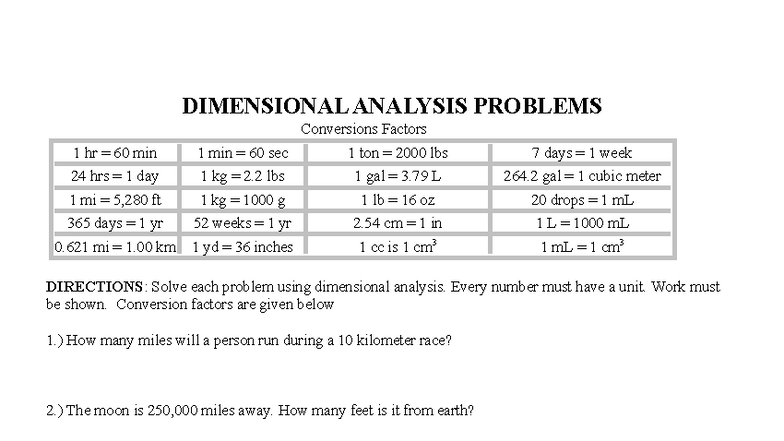 Dimensional Analysis Problems - Course Code: DIM 101 - Studocu
